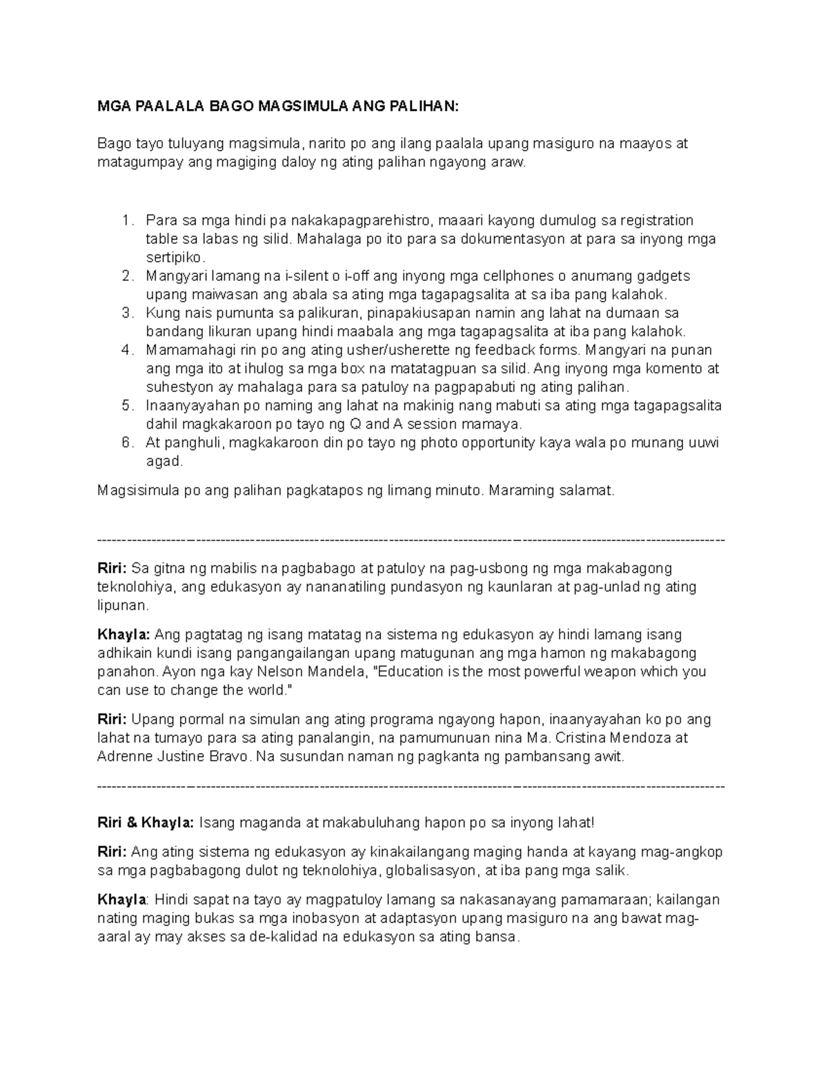 Palihan Tagapagdaloy - MGA PAALALA BAGO MAGSIMULA ANG PALIHAN: Bago ...