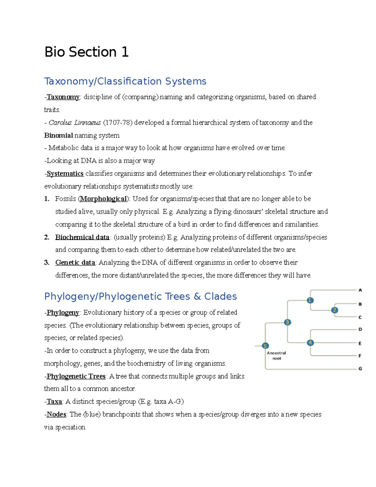 Bio Section 1 - BIO1030 lecture portion notes - Bio Section 1 Taxonomy ...