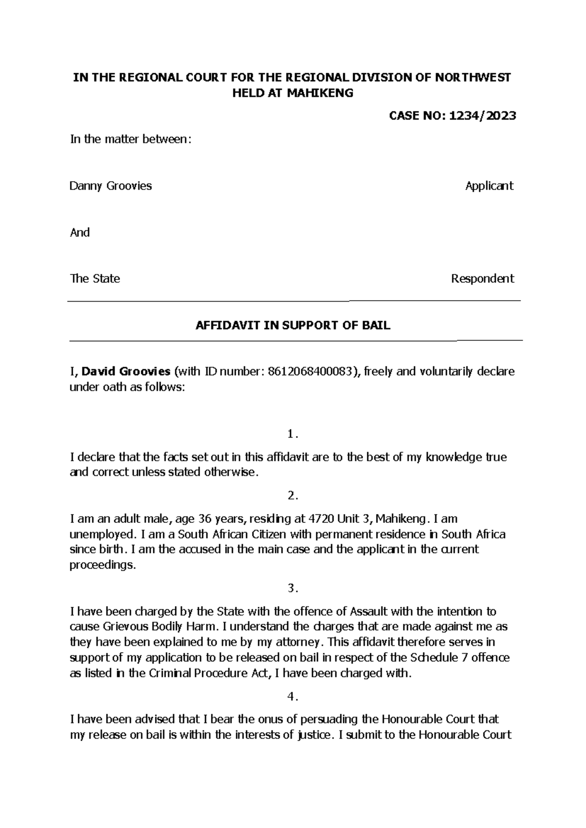 Affidavit example - IN THE REGIONAL COURT FOR THE REGIONAL DIVISION OF ...