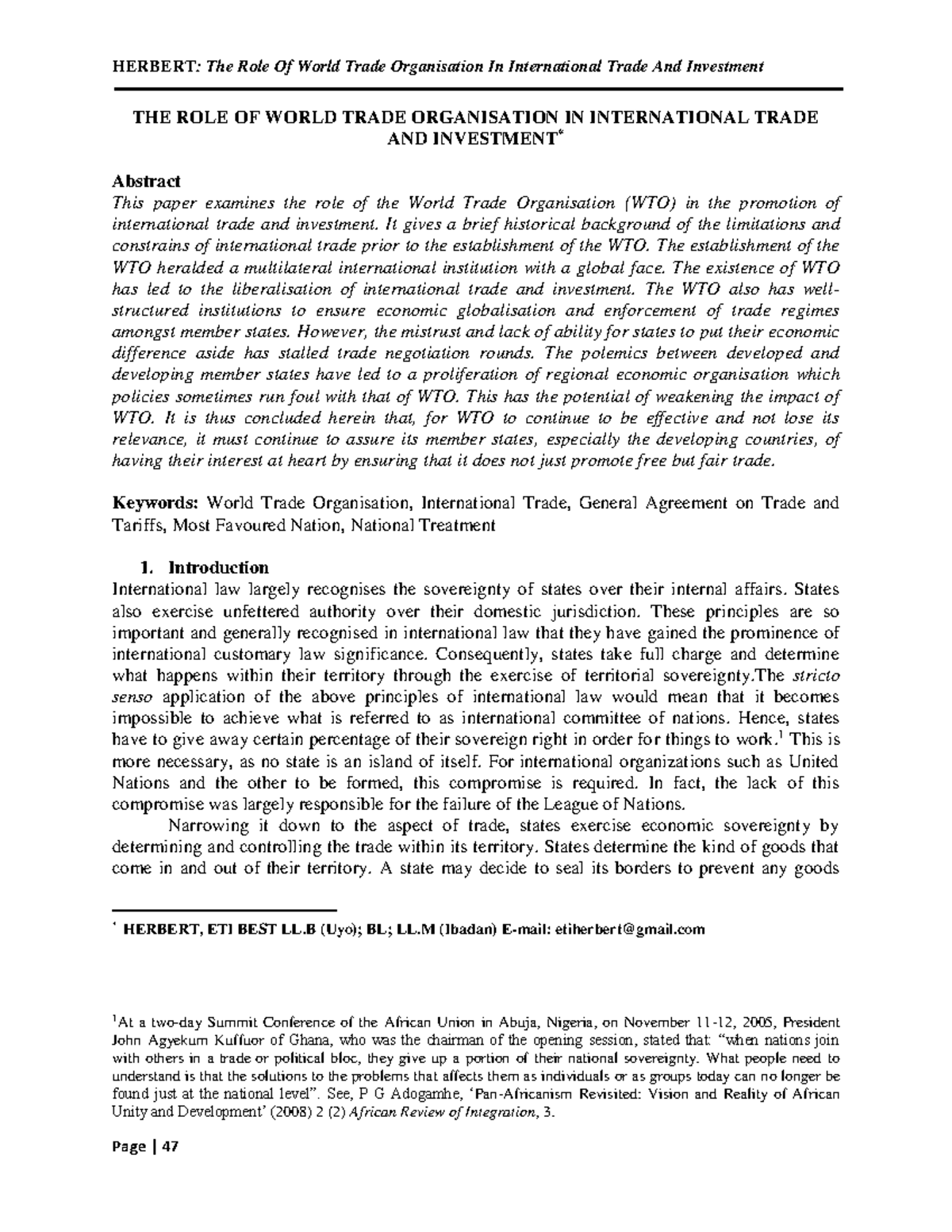 The role of world trade organization in international trade and ...