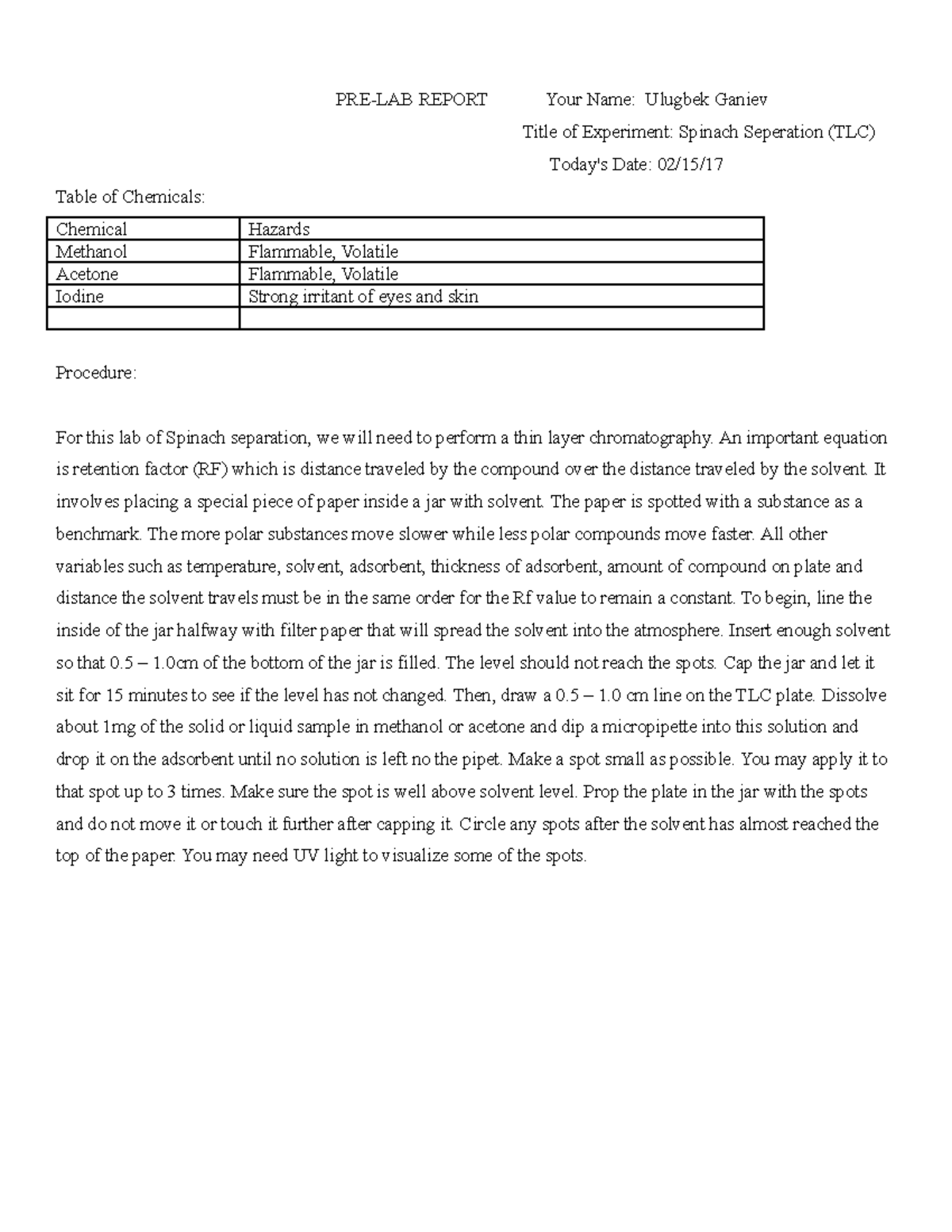Health Orgo Pre Lab 1 - PRE-LAB REPORT Your Name: Ulugbek Ganiev Title ...