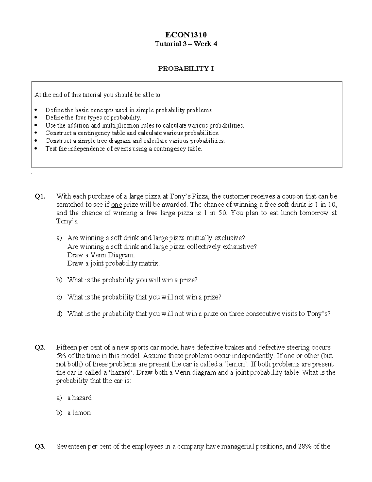 ECON1310 Tutorial 3 - tut 3 - ECON Tutorial 3 – Week 4 PROBABILITY I At ...