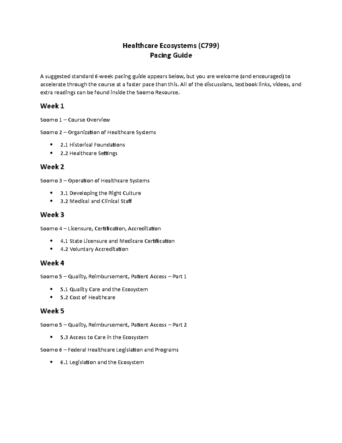Pacing Guide - Lecture notes note - Healthcare Ecosystems (C799) Pacing ...