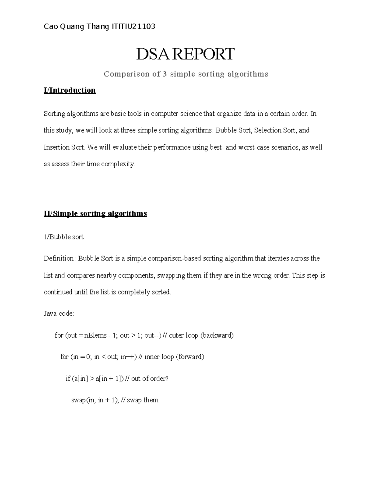 Dsa report simple sorting - DSA REPORT Comparison of 3 simple sorting algorithms I/Introduction ...