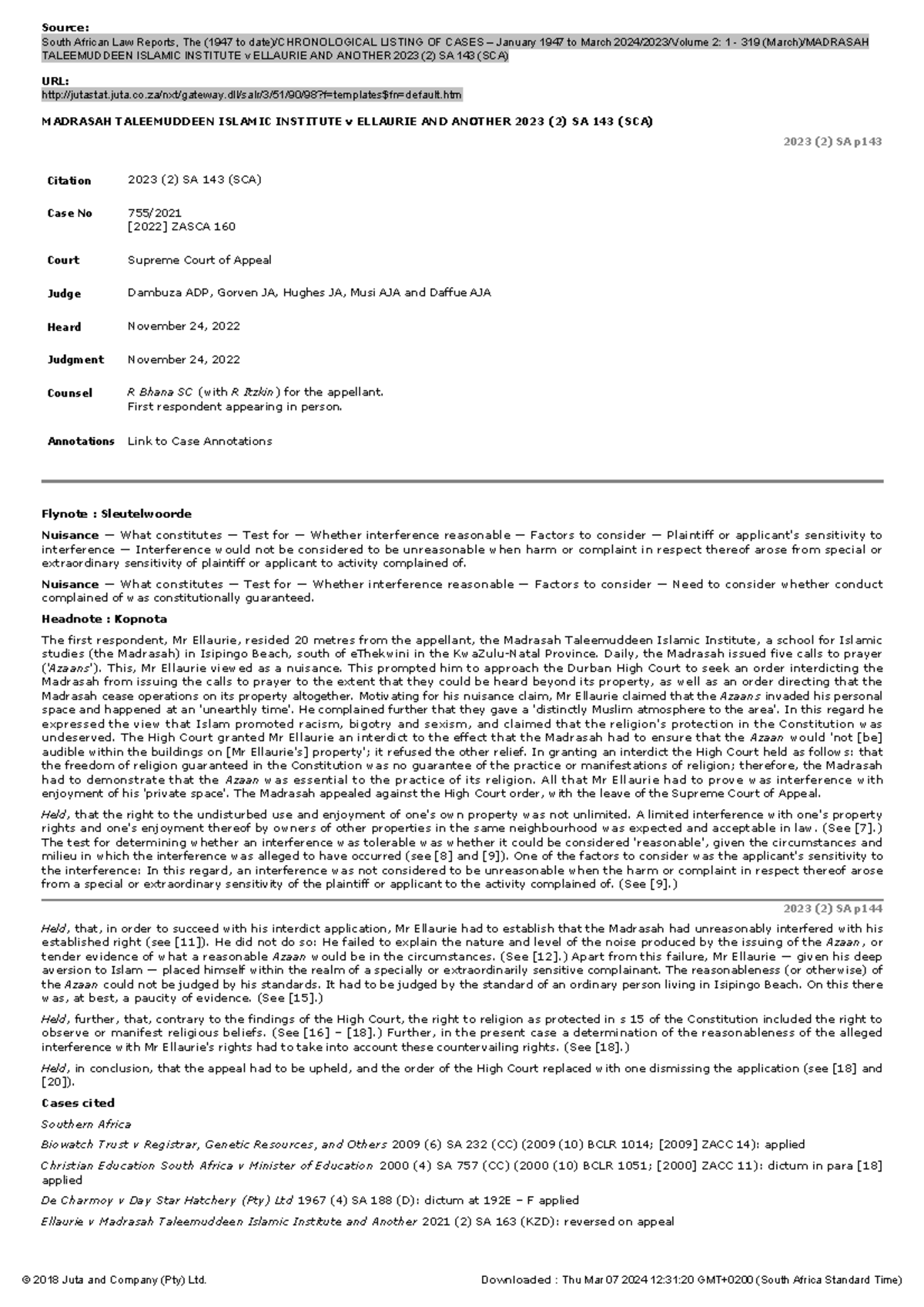 Madrasah Taleemuddeen Islamic Institute v Ellaurie AND Another 2023 (2 ...