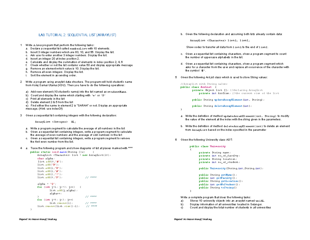ARRAYLIST question - Prepared: Ms Maznie Manaf / Machang LAB TUTORIAL 2: SEQUENTIAL LIST - Studocu