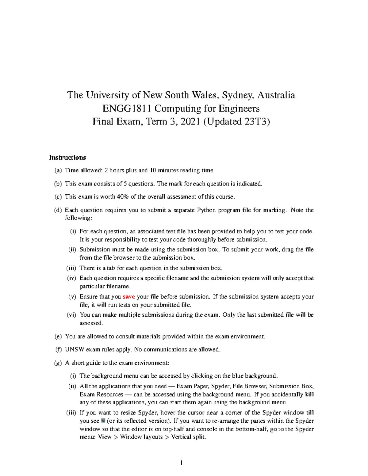 Past exam 21T3 - Final Exam Past Paper 5 Questions - The University of ...