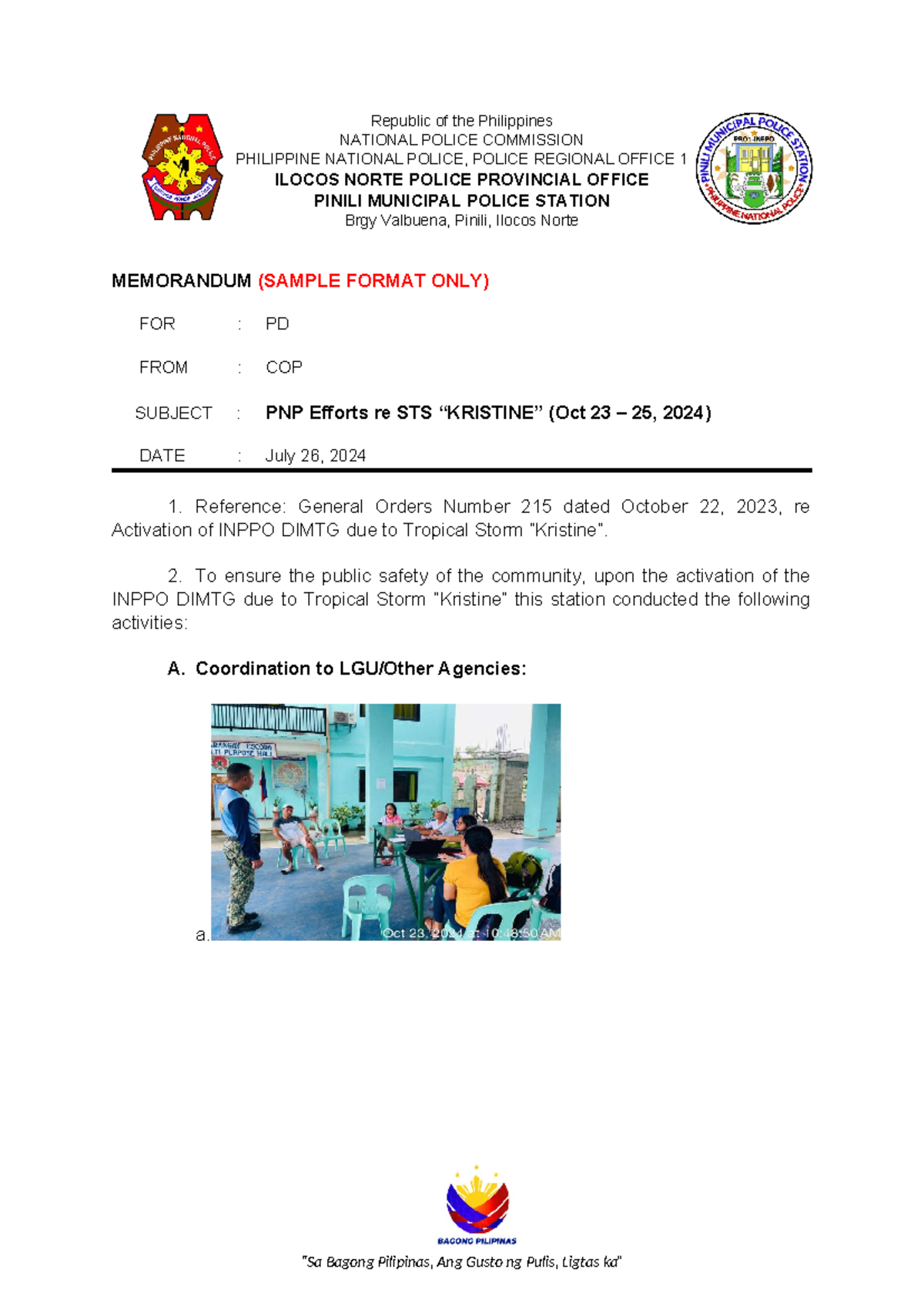PNP Efforts STS Kristine Formart - Republic of the Philippines NATIONAL ...