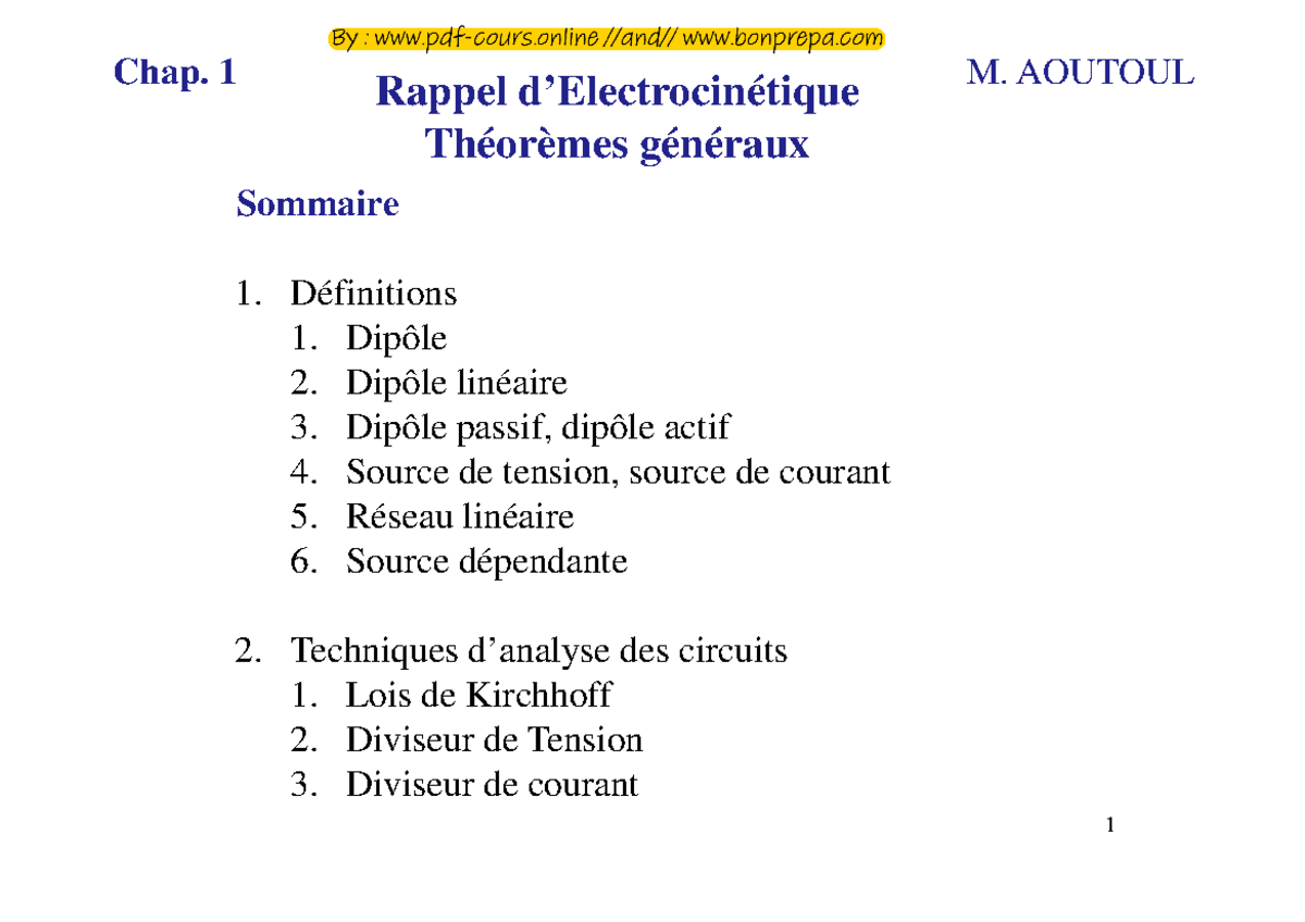 1 Cours Elétronique De Base S4 - ####### Rappel d’Electrocinétique ...