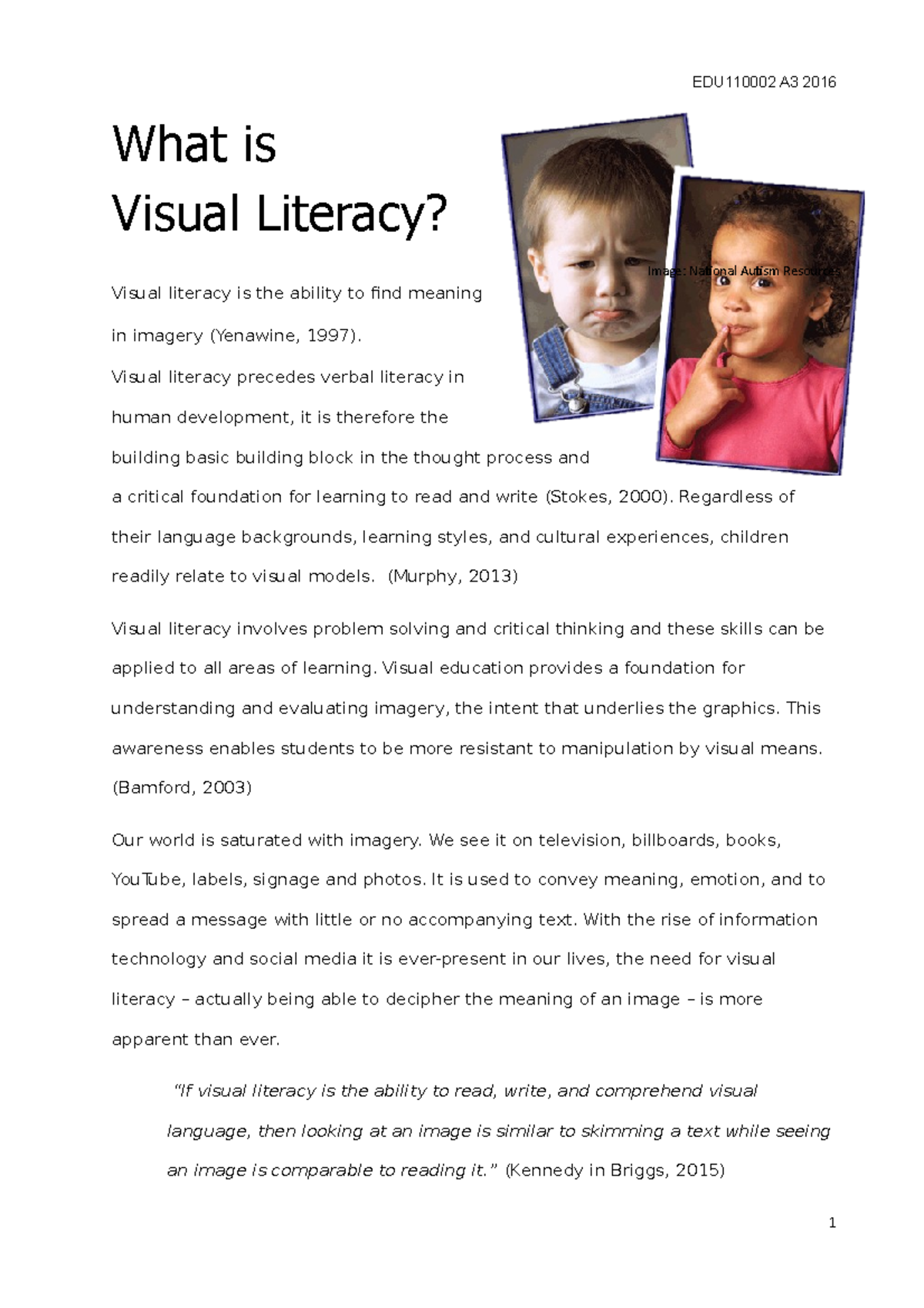 EDU10002 Assessment 3 2016 visual literacy - EDU10003 - Swinburne - Studocu
