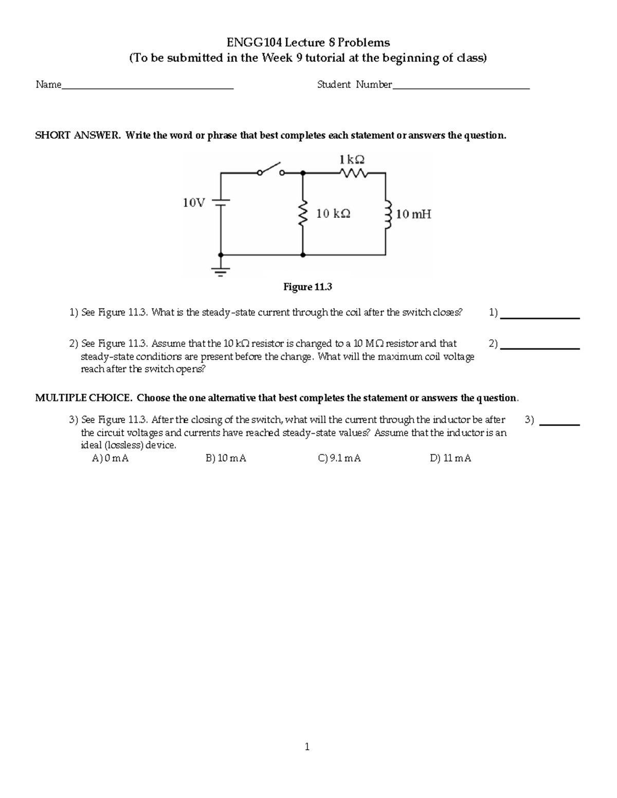 ENGG104 Tut8 sol - Tutorial 8 questions and solutions - ENGG104 Lecture 8 Problems (To be ...