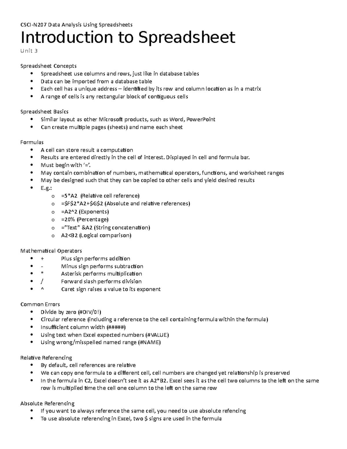 Unit 3 Notes- Introduction to Spreadsheet Unit 3 Spreadsheet Concepts ...
