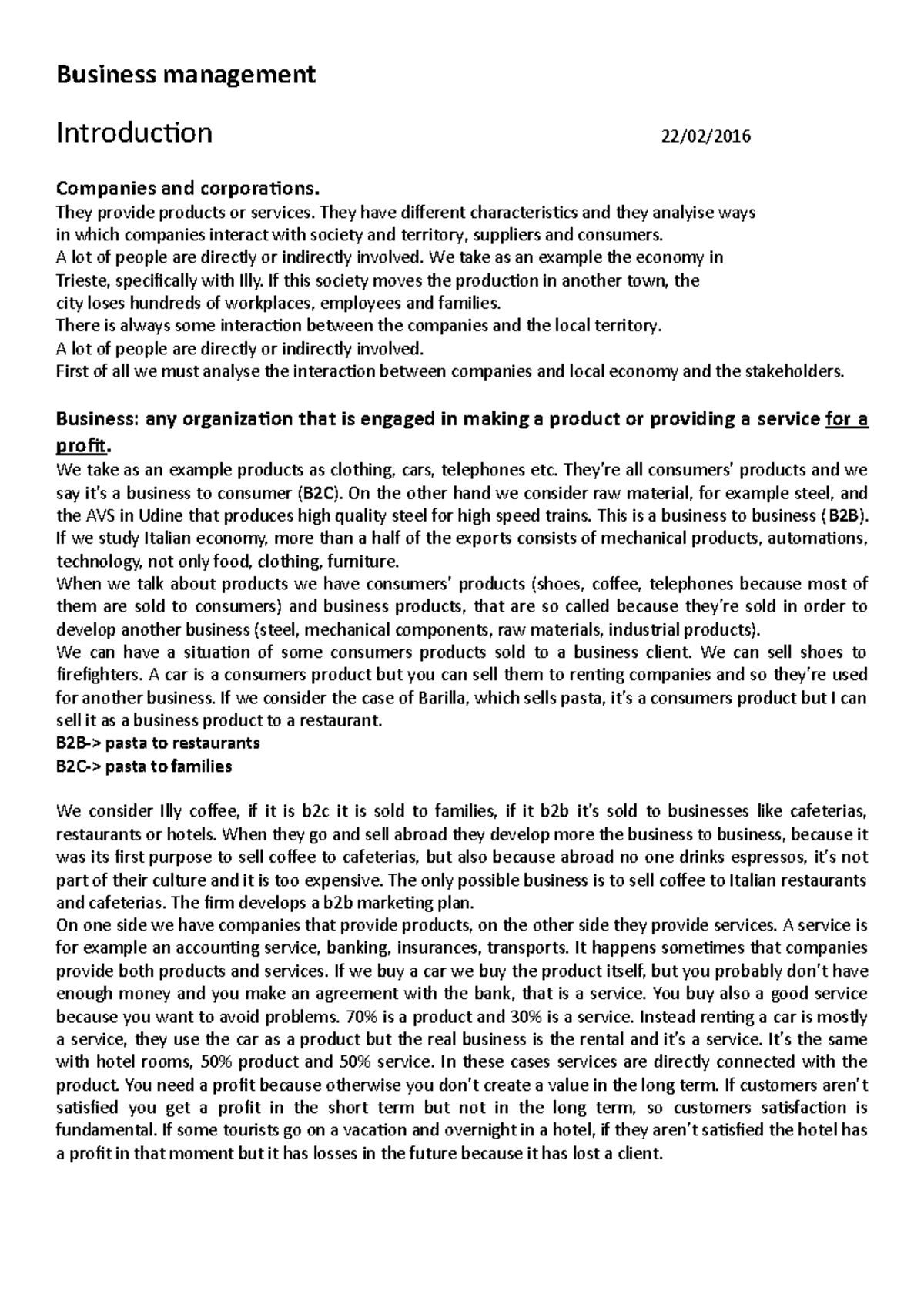 Business management notes - Business management Introduction 22/02 ...