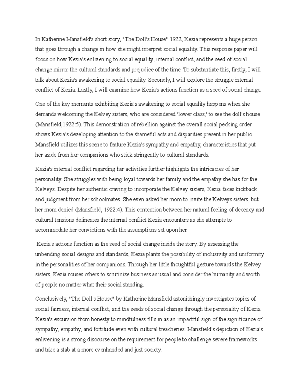 Response paper 1 - In Katherine Mansfield's short story, "The Doll's ...