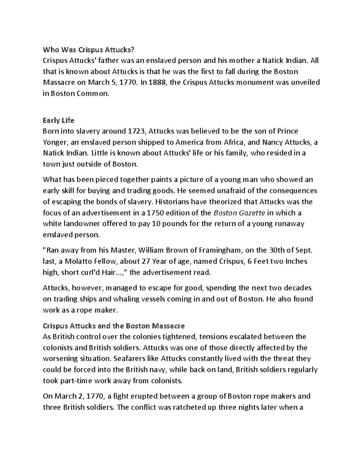 Crispus Attacus Notes - Who Was Crispus Attucks? Crispus Attucks ...