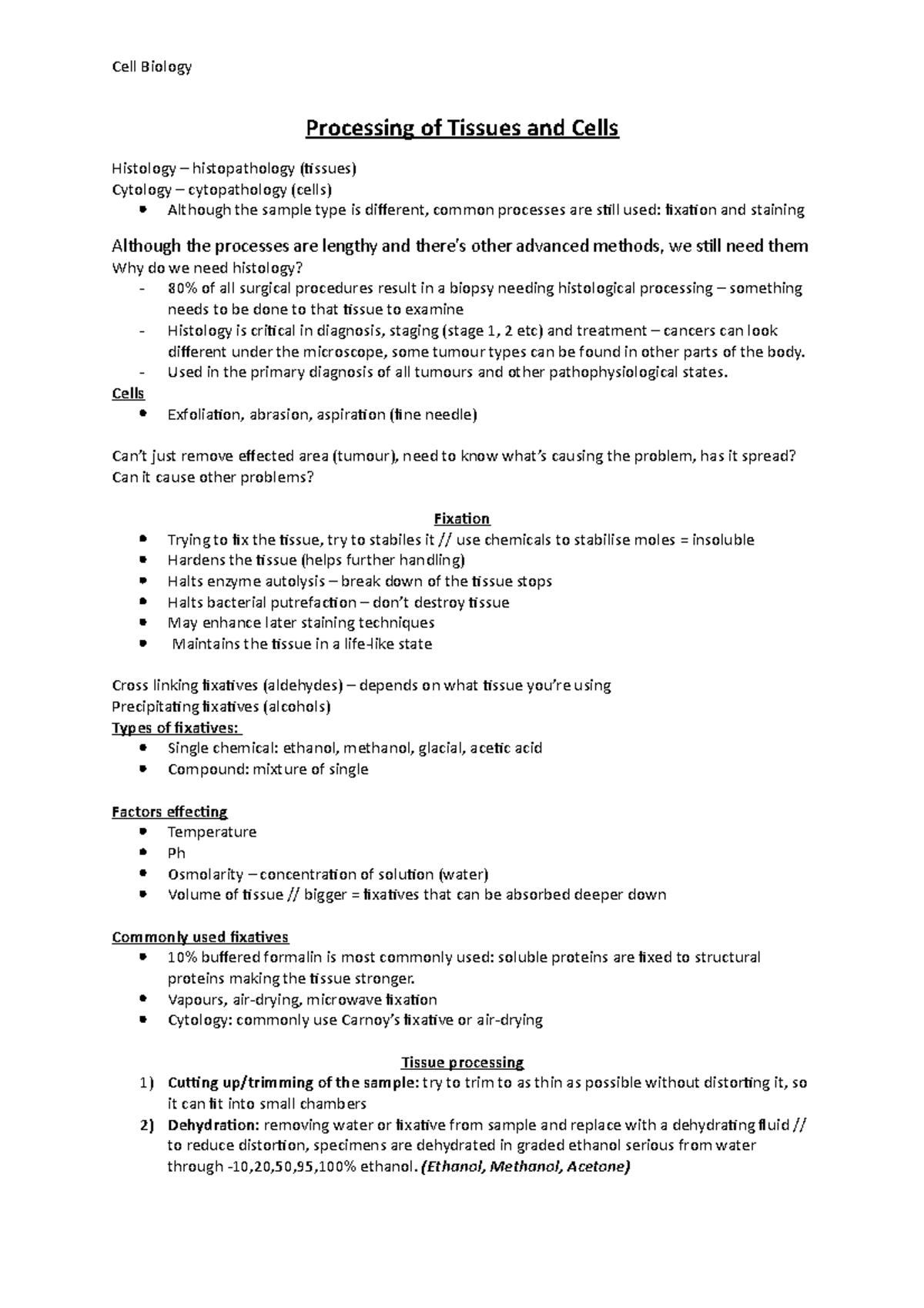 Processing of Tissues and Cells - notes - Cell Biology Processing of ...