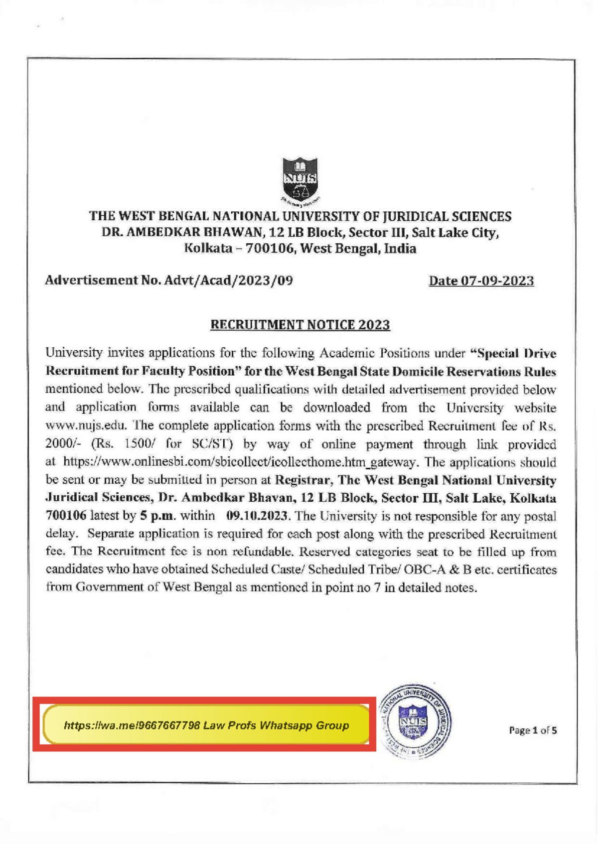 WB NLU Vacancy - Bachelor of Law (DU LLB Entrance Exam NOTES) - Studocu