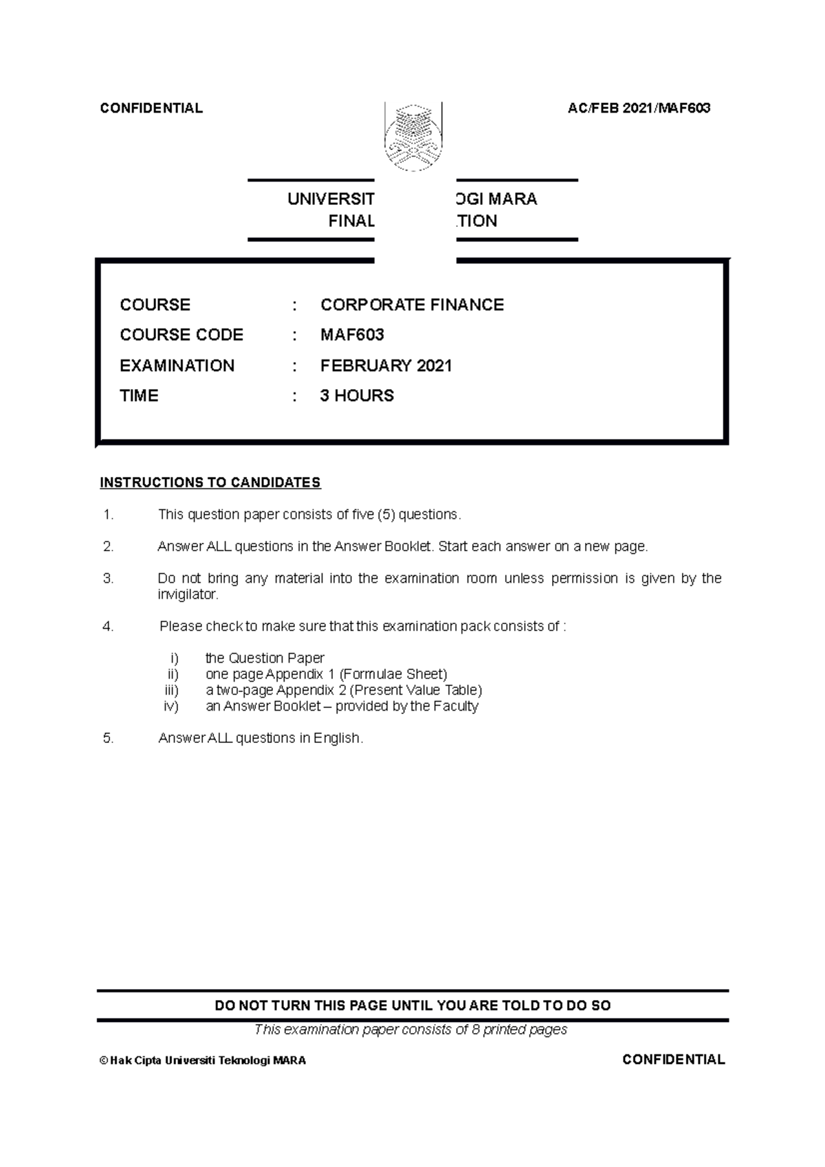 NEW Format EXAM Q MAF603 - FEB 2021 - CONFIDENTIAL 1 AC/FEB 2021/MAF ...