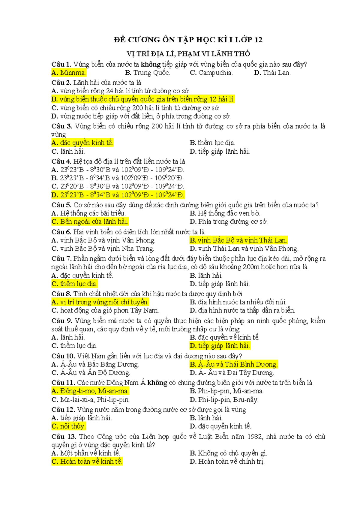 Địa - dia li viet nam - ĐỀ CƯƠNG ÔN TẬP HỌC KÌ I LỚP 12 VỊ TRÍ ĐỊA LÍ ...