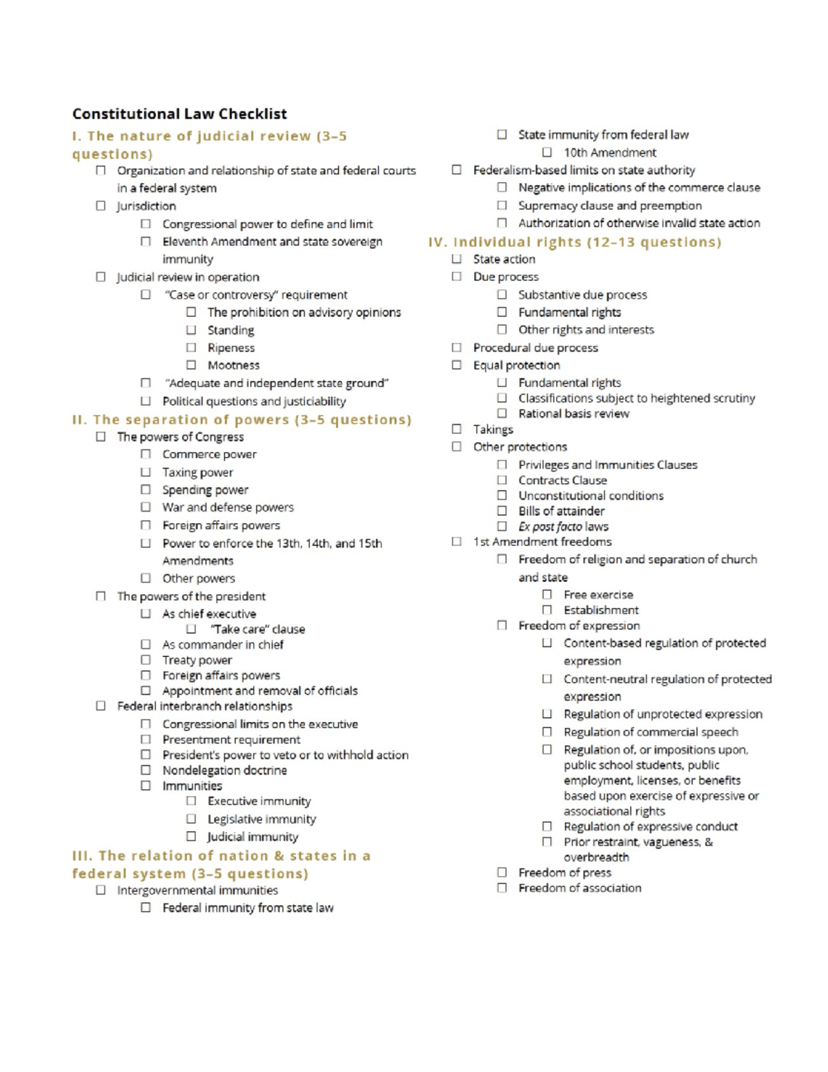 Constitutional Law Lecture Notes Checklist for Final Exam ...