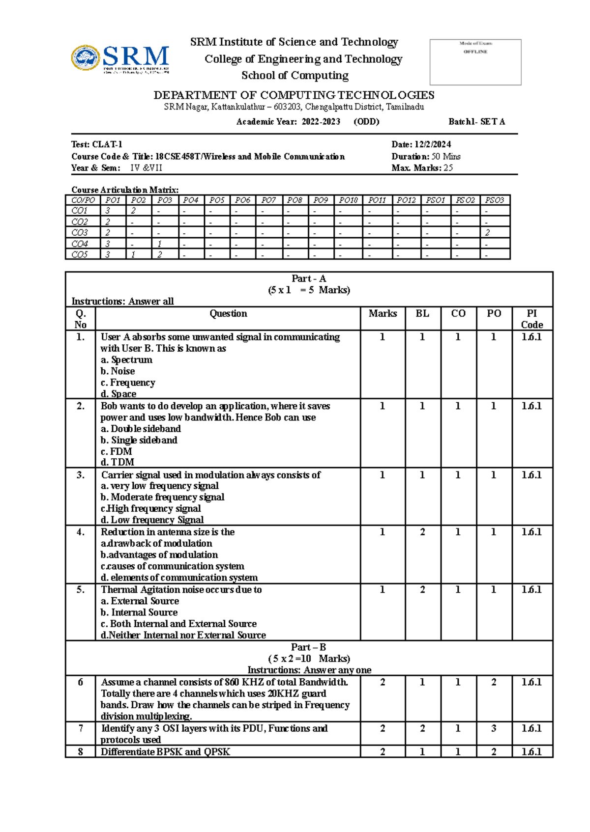 WMC CT Question paper Set B - SRM Institute of Science and Technology ...