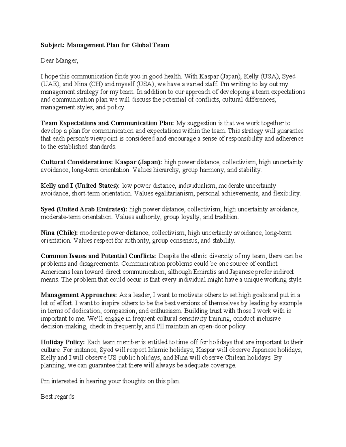 Int 220 Email to Manager - Subject: Management Plan for Global Team ...