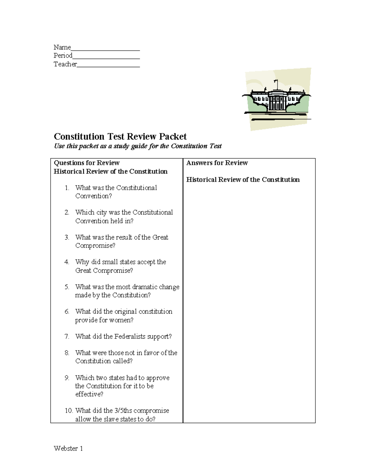 Constitution Review - Name Period Teacher Constitution Test Review ...
