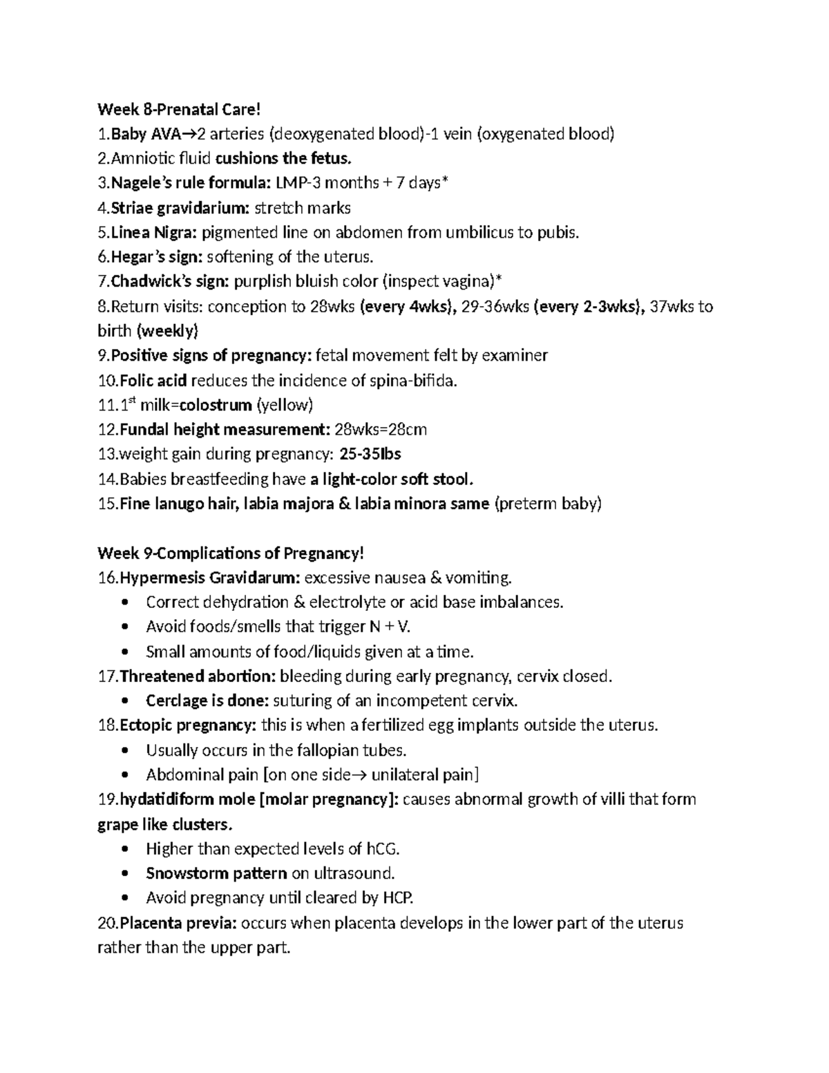 Week 8-12 Key Material - different maternity class notes. - Week 8 ...