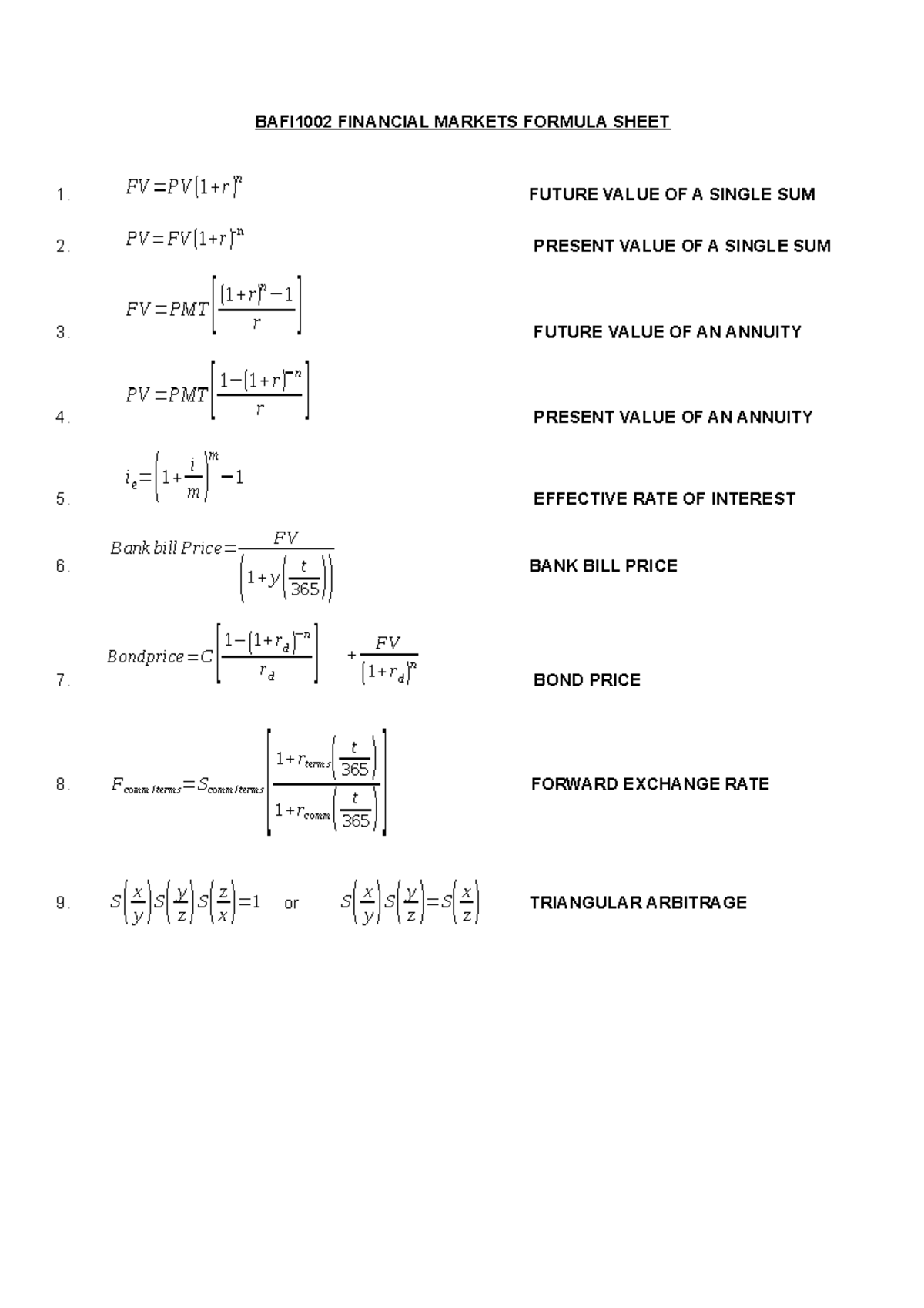BAFI1002 Financial Markets Formula Sheet-3 - BAFI1002 FINANCIAL MARKETS ...