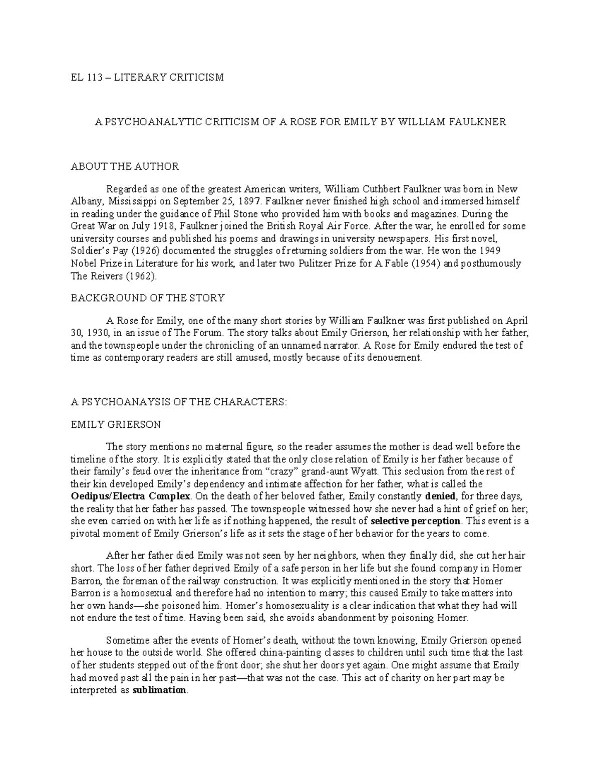 A ROSE FOR Emily Psychoanalysis - EL 113 – LITERARY CRITICISM A ...