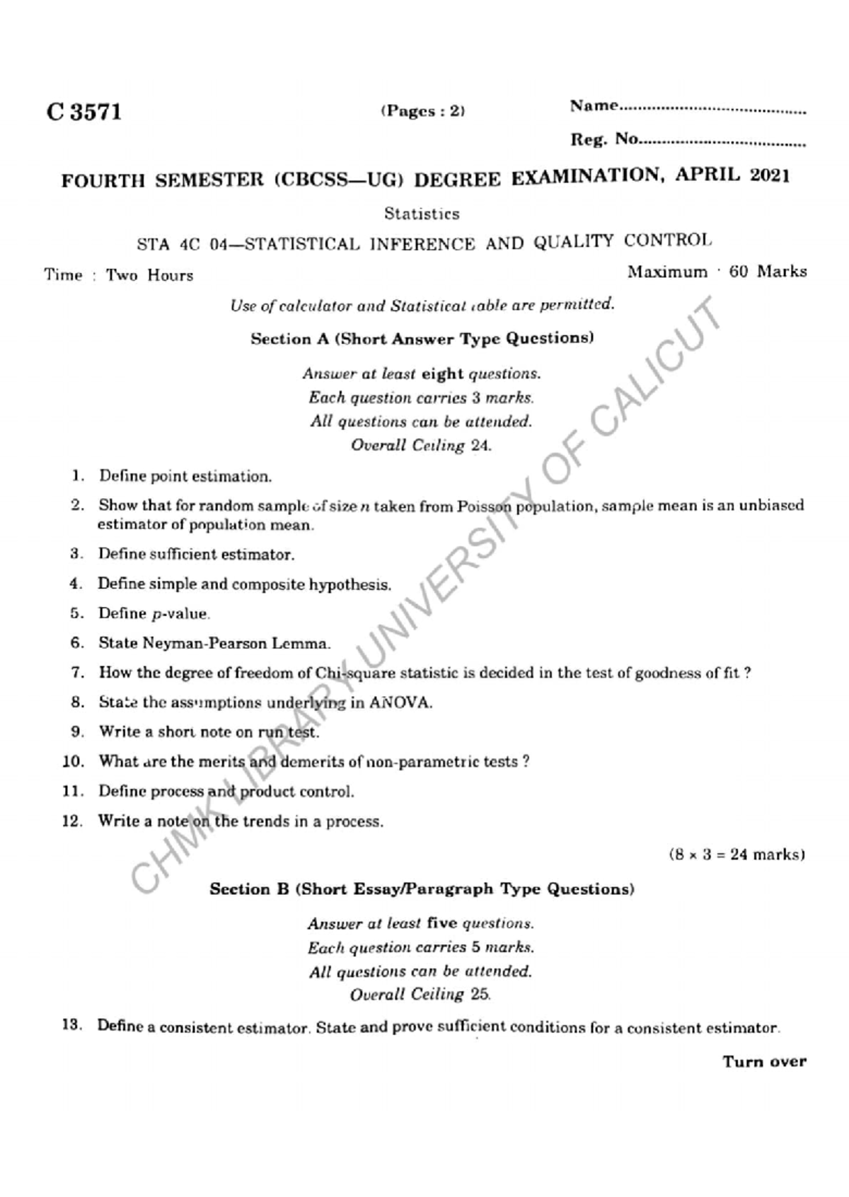 Stats question paper 2021 - 2023 - C 3571 Time : Two Hours 1 FOURTH ...
