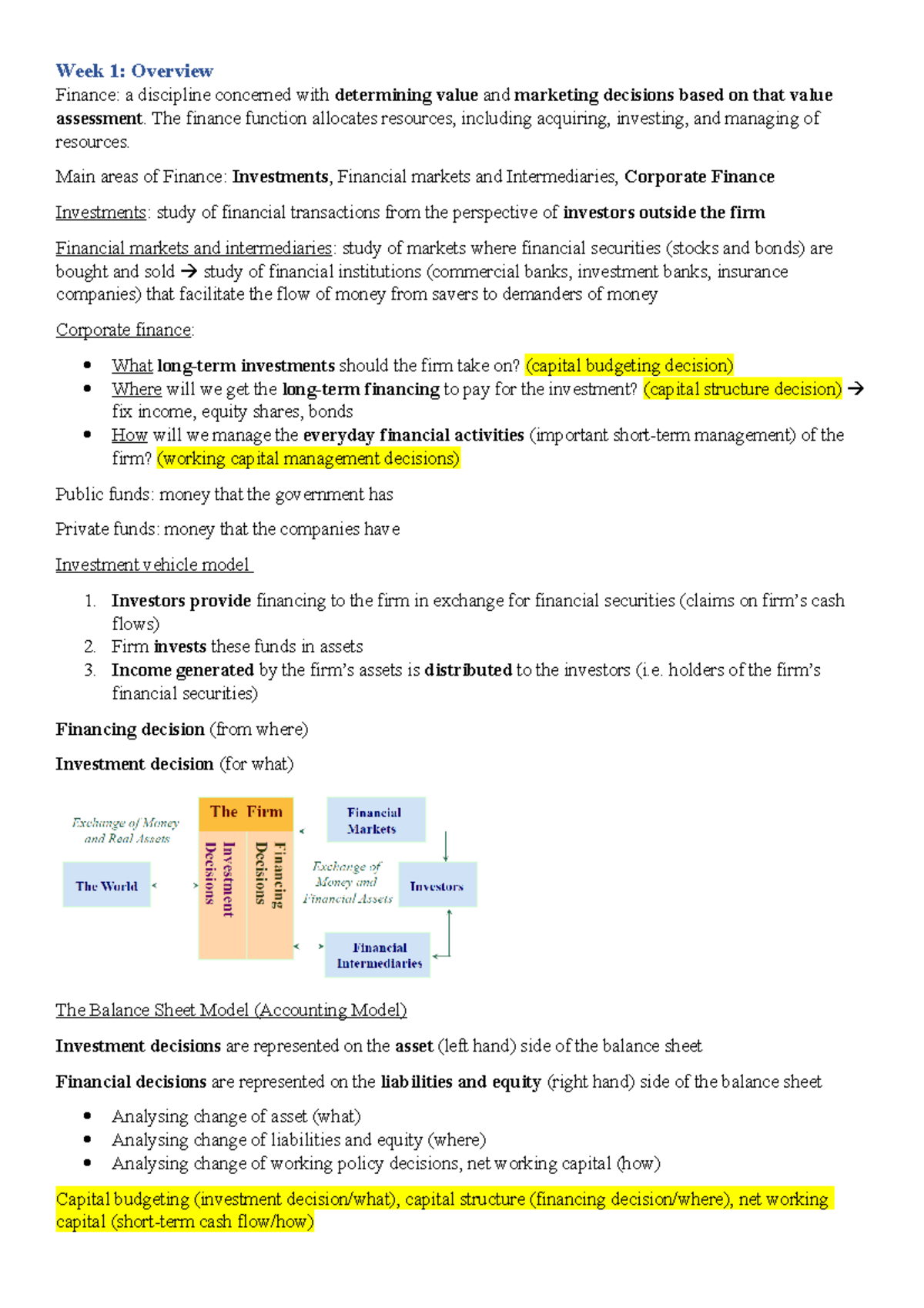 FIN Notes - Winston - Week 1: Overview Finance: a discipline concerned ...