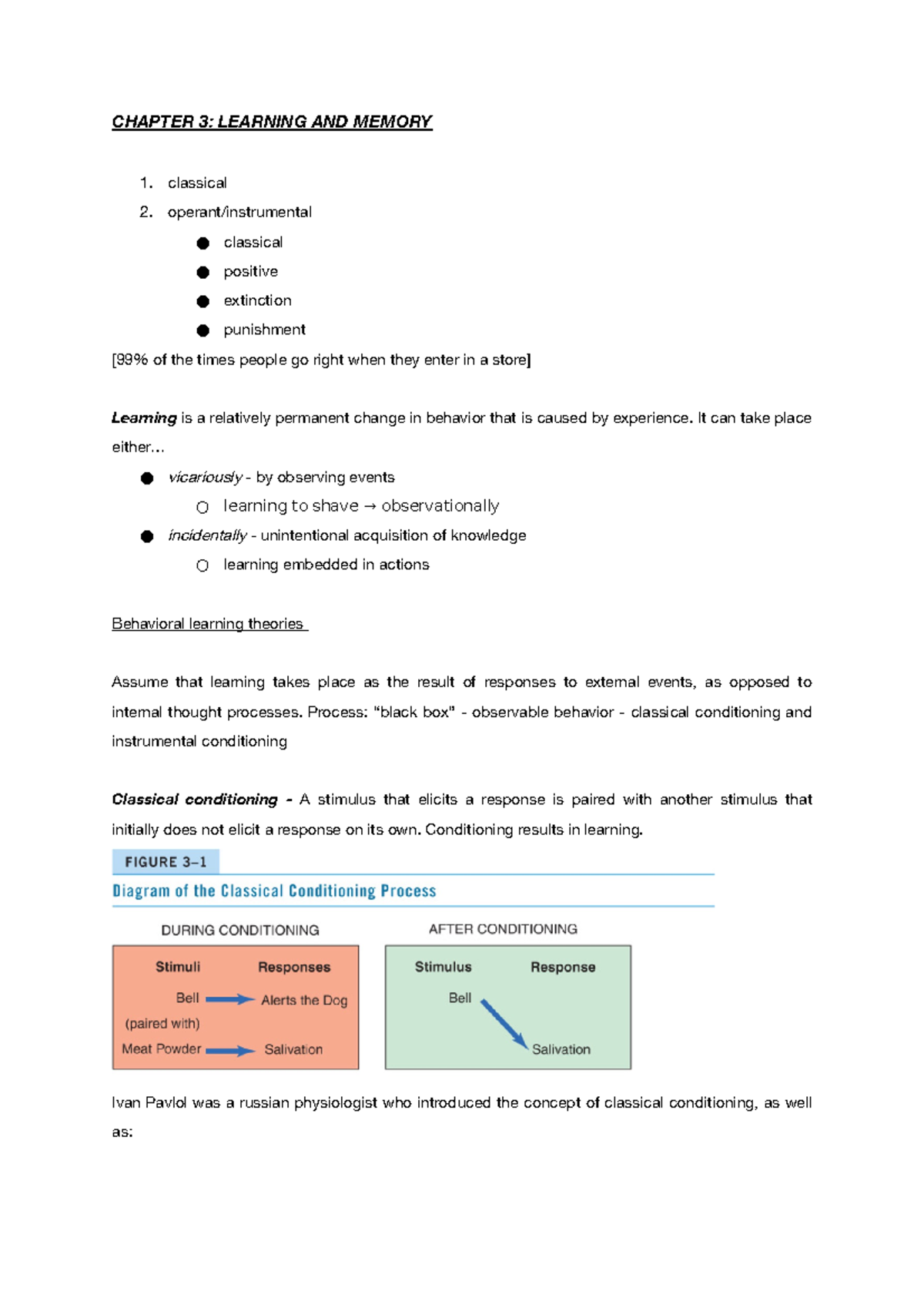 Chapter 3 Learning AND Memory - CHAPTER 3: LEARNING AND MEMORY classical operant/instrumental ...