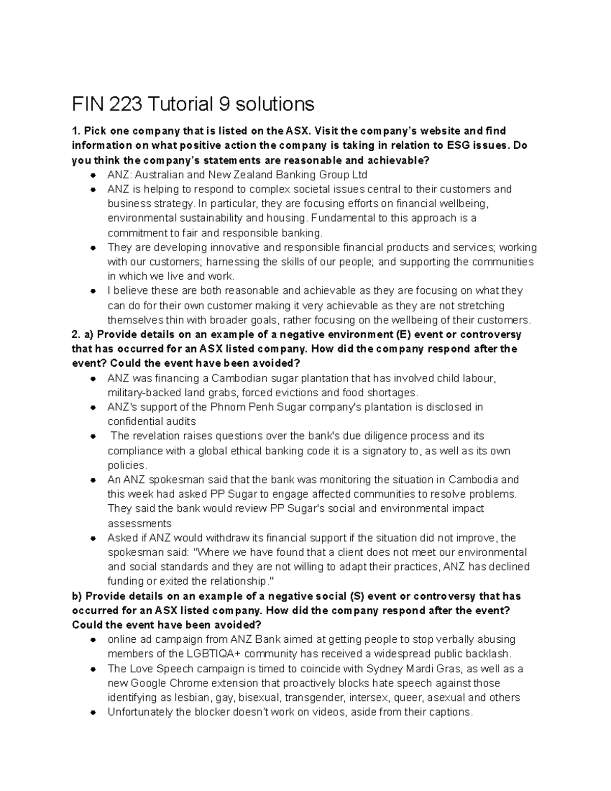 FIN 223 Tutorial 9 solutions - FIN 223 - UOW - Studocu