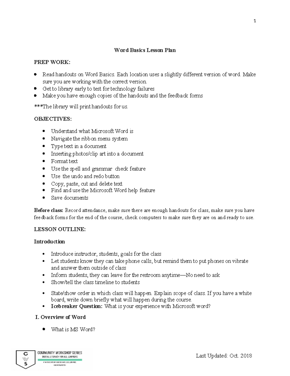 Word Basics Lesson Plan Four - Word Basics Lesson Plan PREP WORK: Read ...