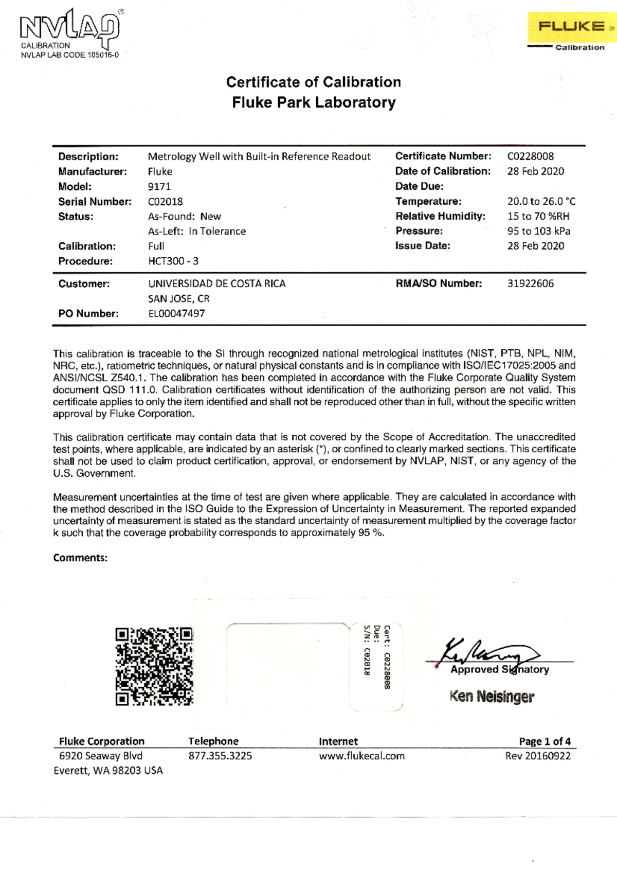 Fluke 9171 - manual - FLUKE CALIBRATION Calibration NVLAP LAB CODE Certificate of Calibration ...