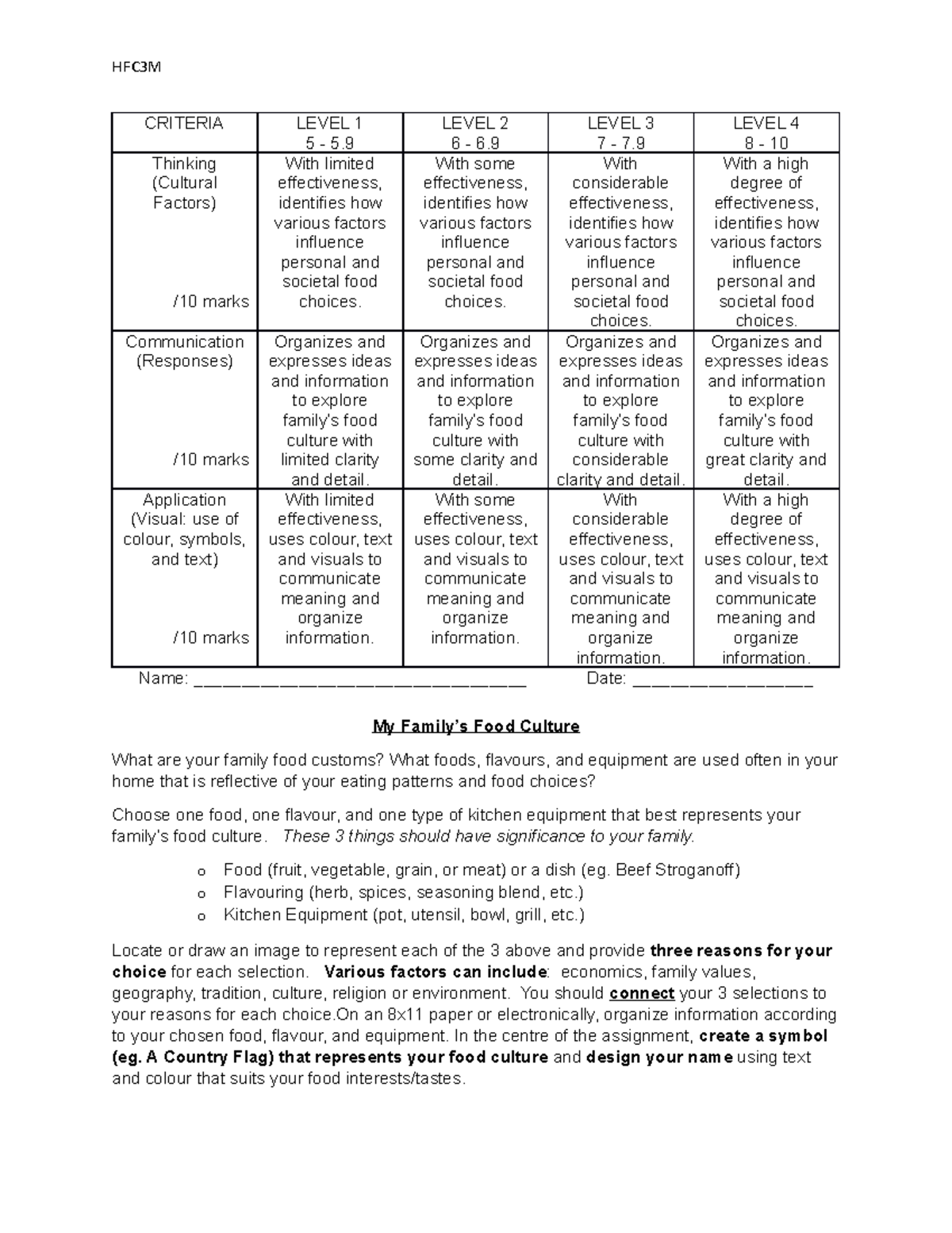 My Family's Food and Culture - HFC3M CRITERIA LEVEL 1 5 - 5. LEVEL 2 6 ...