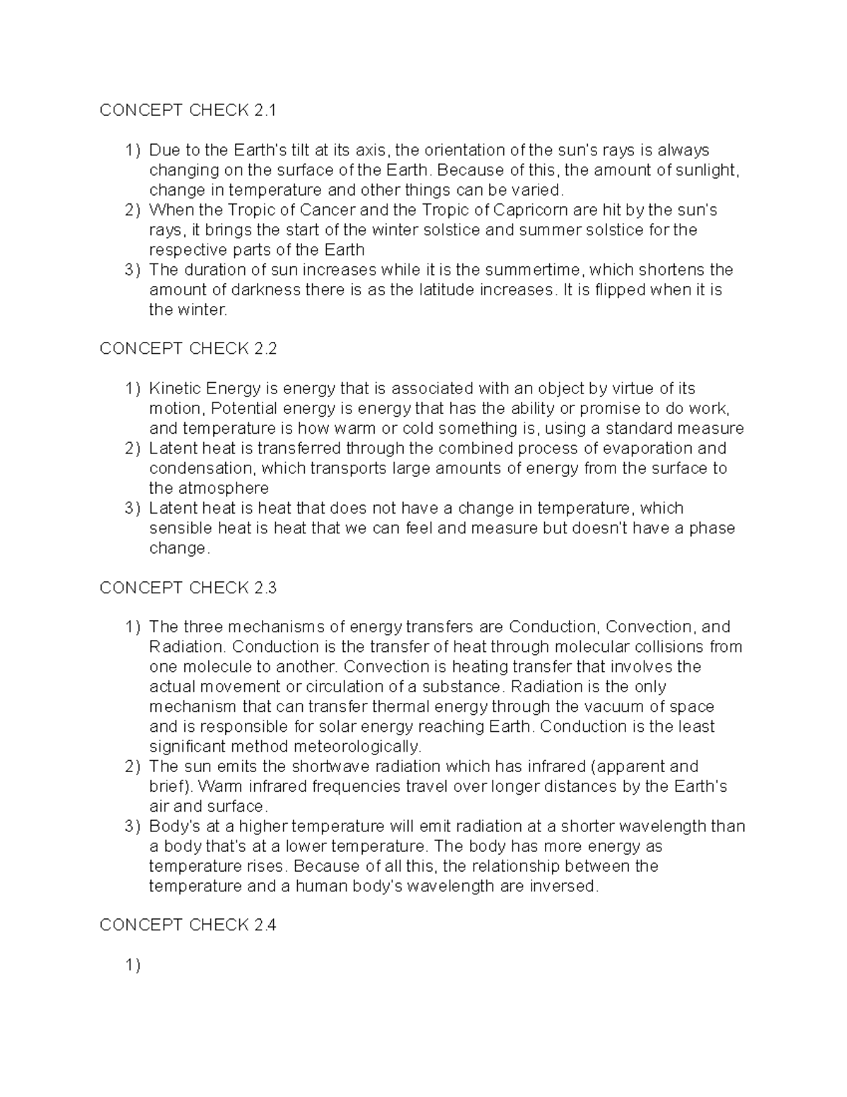 Concept Checks - CONCEPT CHECK 2. Due to the Earth’s tilt at its axis ...
