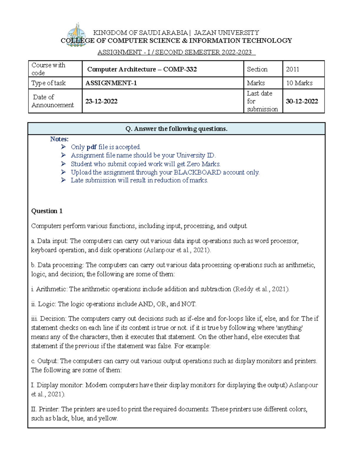 Computer final file revised - KINGDOM OF SAUDI ARABIA | JAZAN UNIVERSITY COLLEGE OF COMPUTER ...