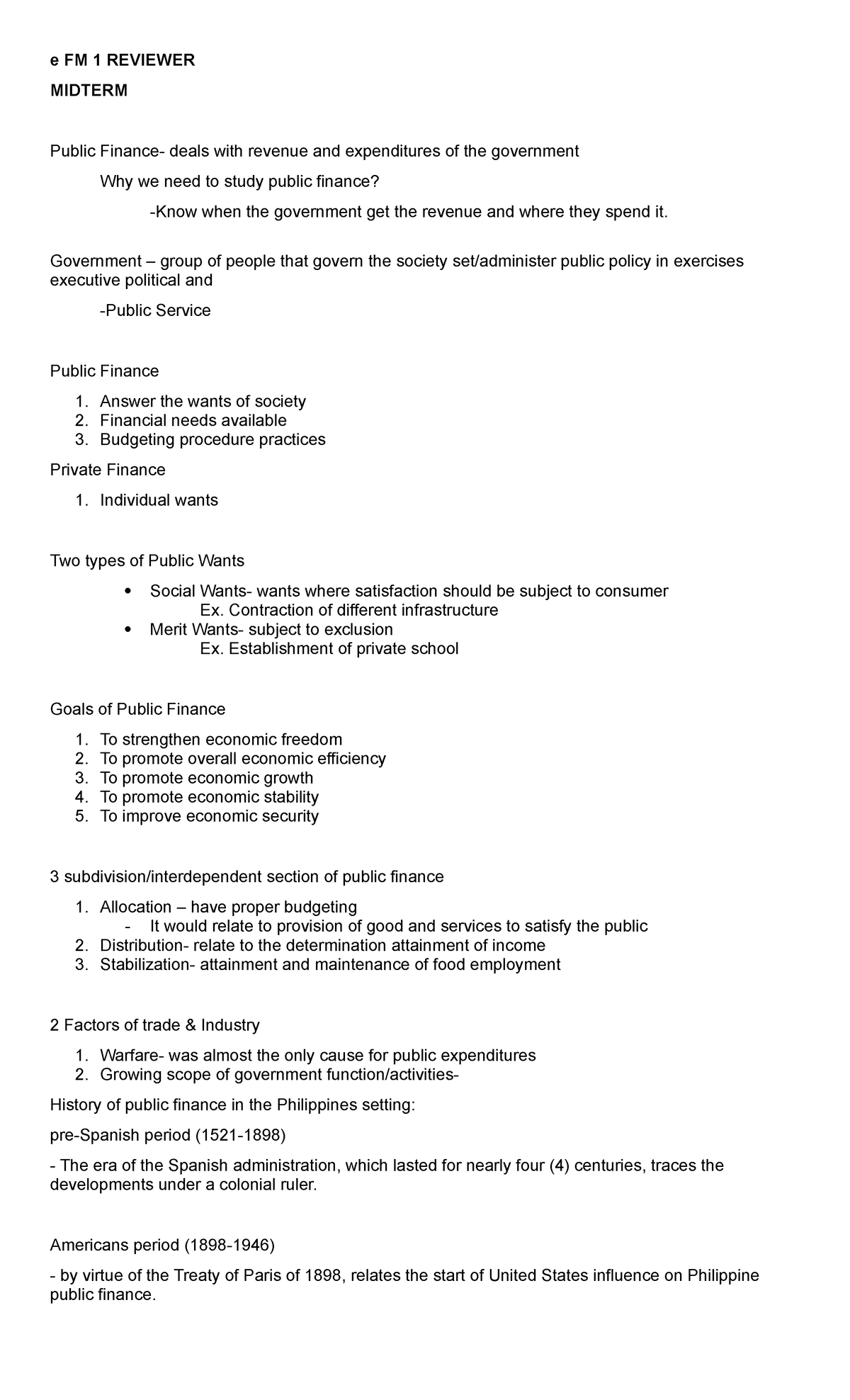 E FM 1 Reviewer - Review - e FM 1 REVIEWER MIDTERM Public Finance ...