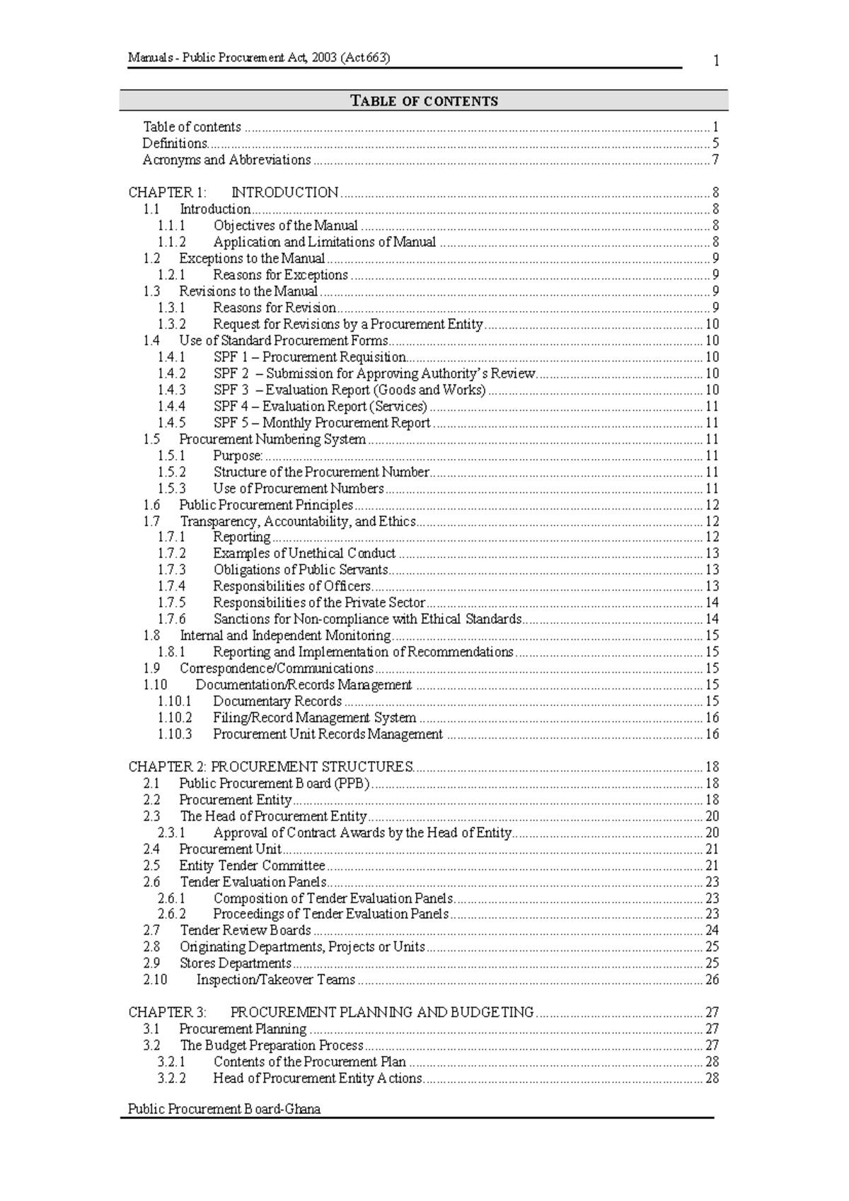 Public Procurement Manual - TABLE OF CONTENTS - Table of contents - Studocu