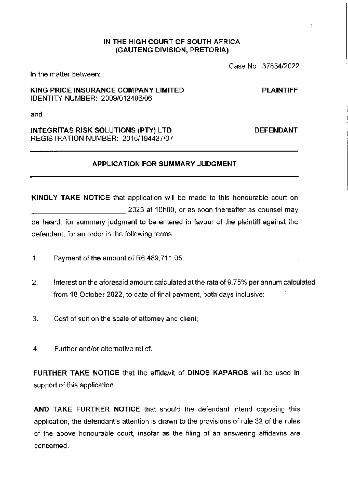 Summary Judgment Application Example - 1 IN THE HIGH COURT OF SOUTH AFRICA (GAUTENG DIVISION ...