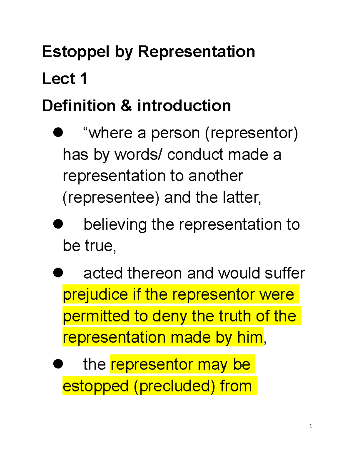 Estoppel Lecture Notes 1 - Estoppel Representation Lect 1 Definition ...
