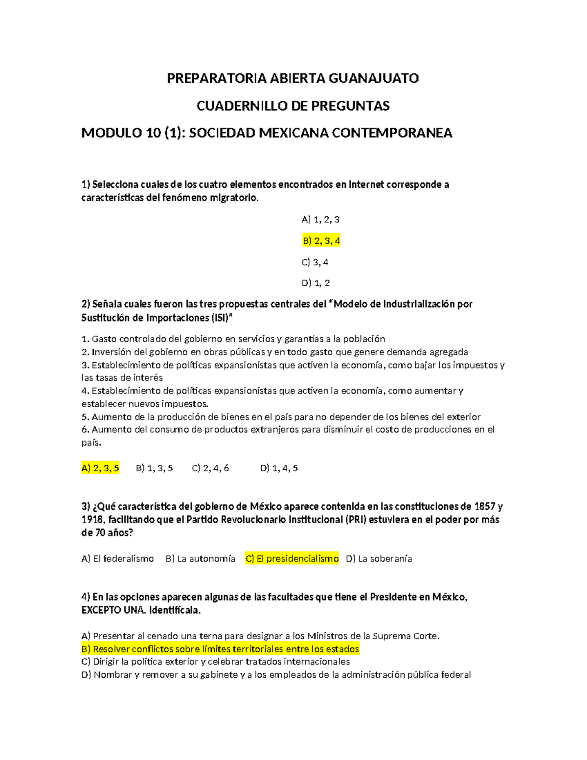 Modulo 10 - PREPARATORIA ABIERTA GUANAJUATO CUADERNILLO DE PREGUNTAS ...