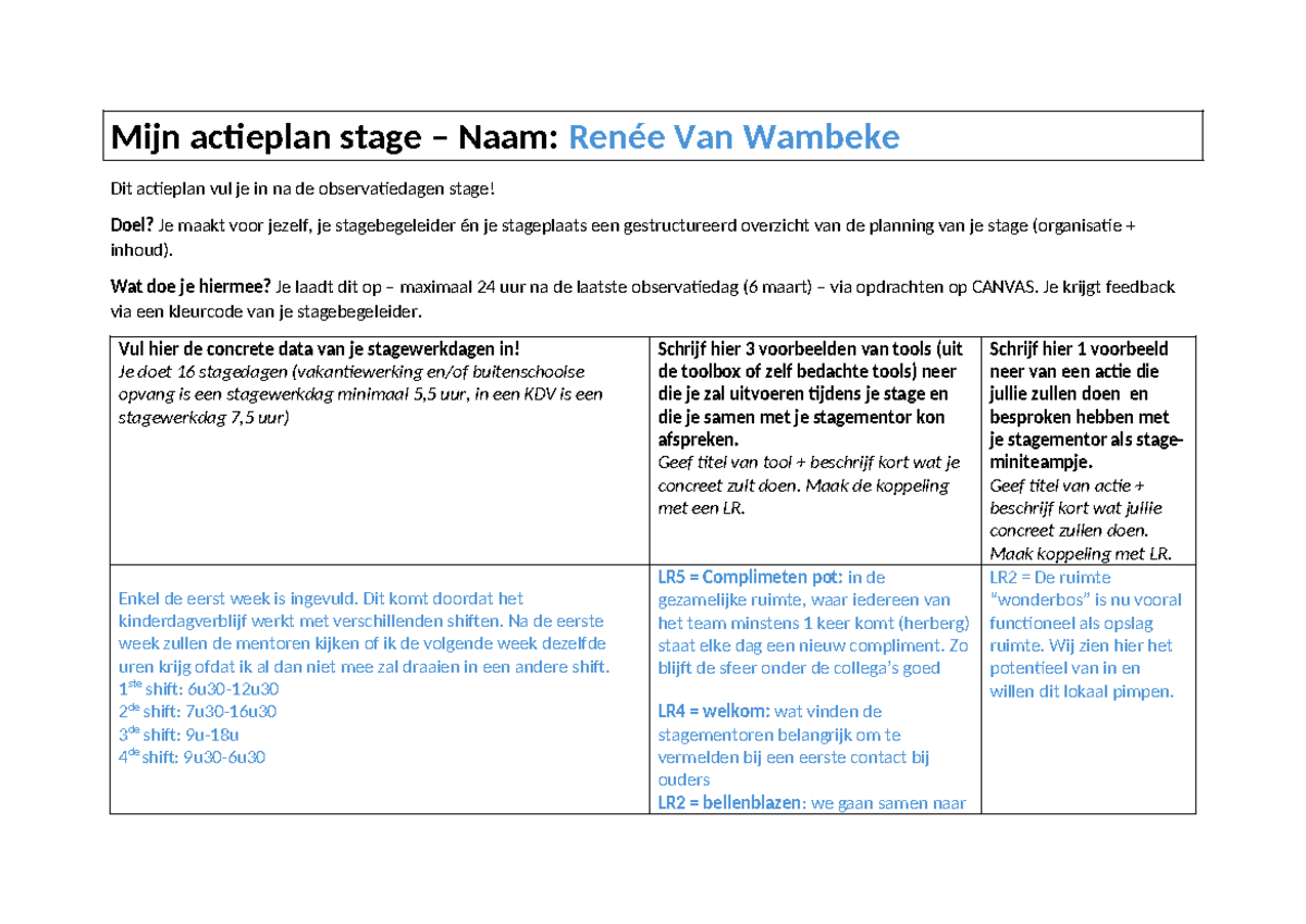 2324 Actieplan stage - Mijn actieplan stage – Naam: Renée Van Wambeke Dit actieplan vul je in na ...