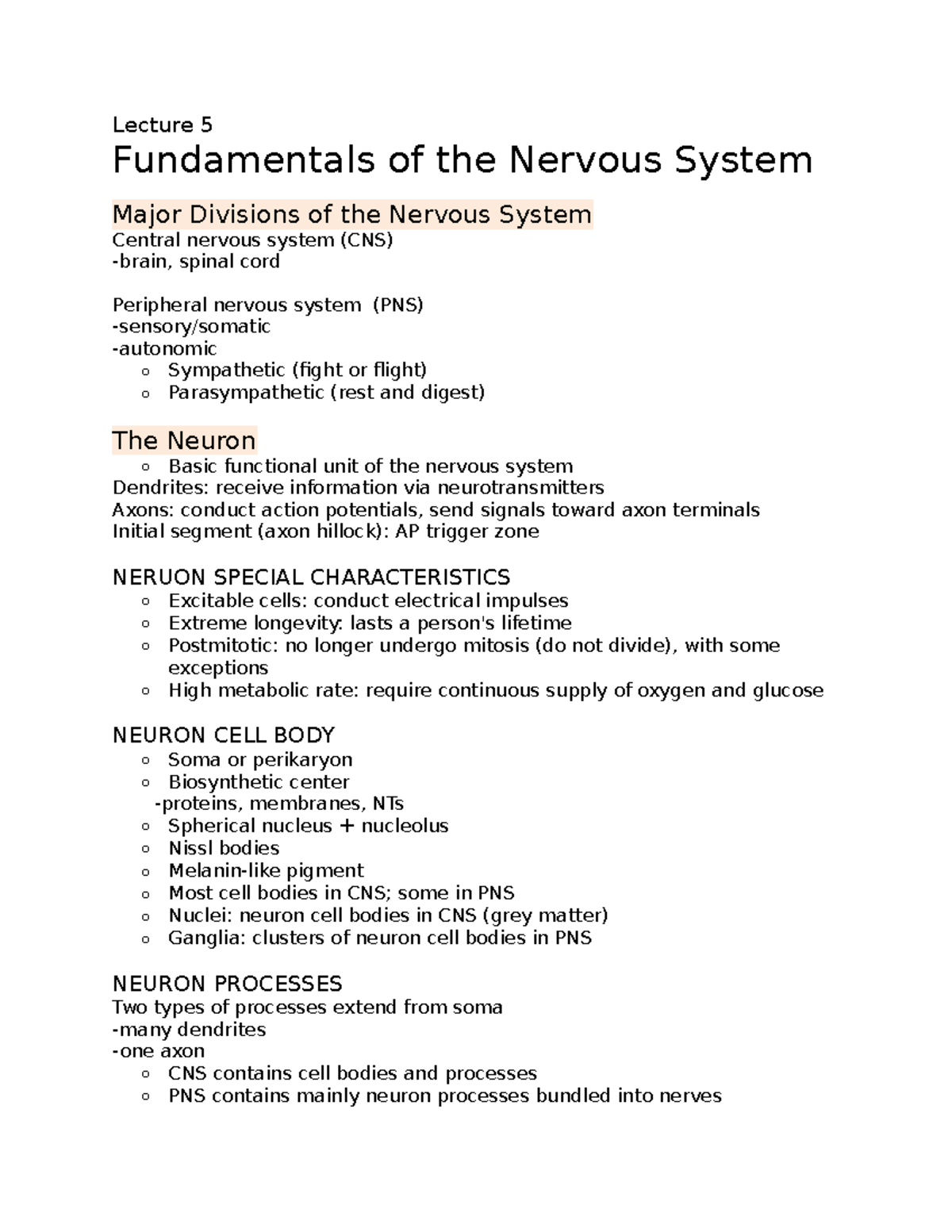 ANP 1105 - Lecture 5 - Lecture 5 Fundamentals of the Nervous System ...