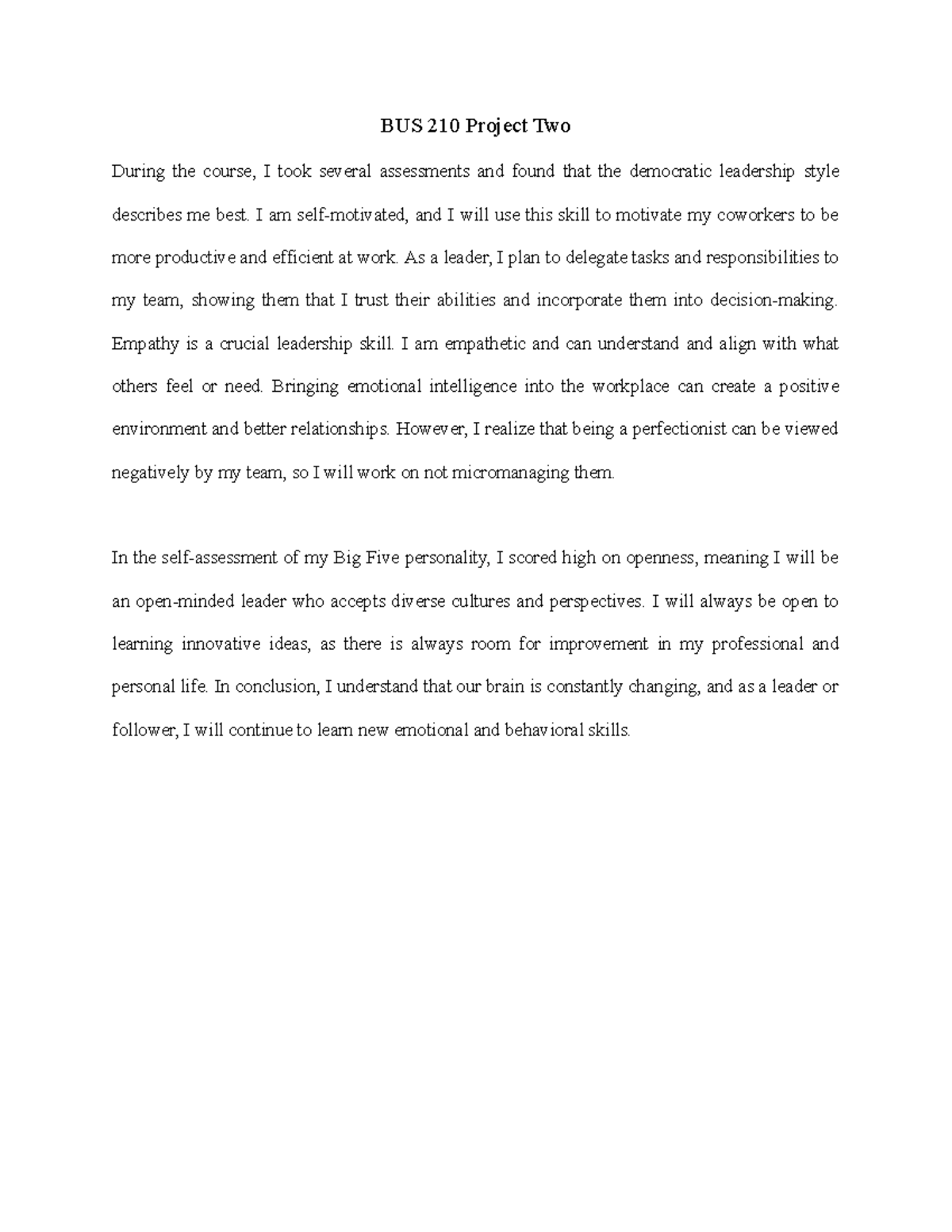 BUS 210 Project Two - Big five personality - BUS 210 Project Two During ...