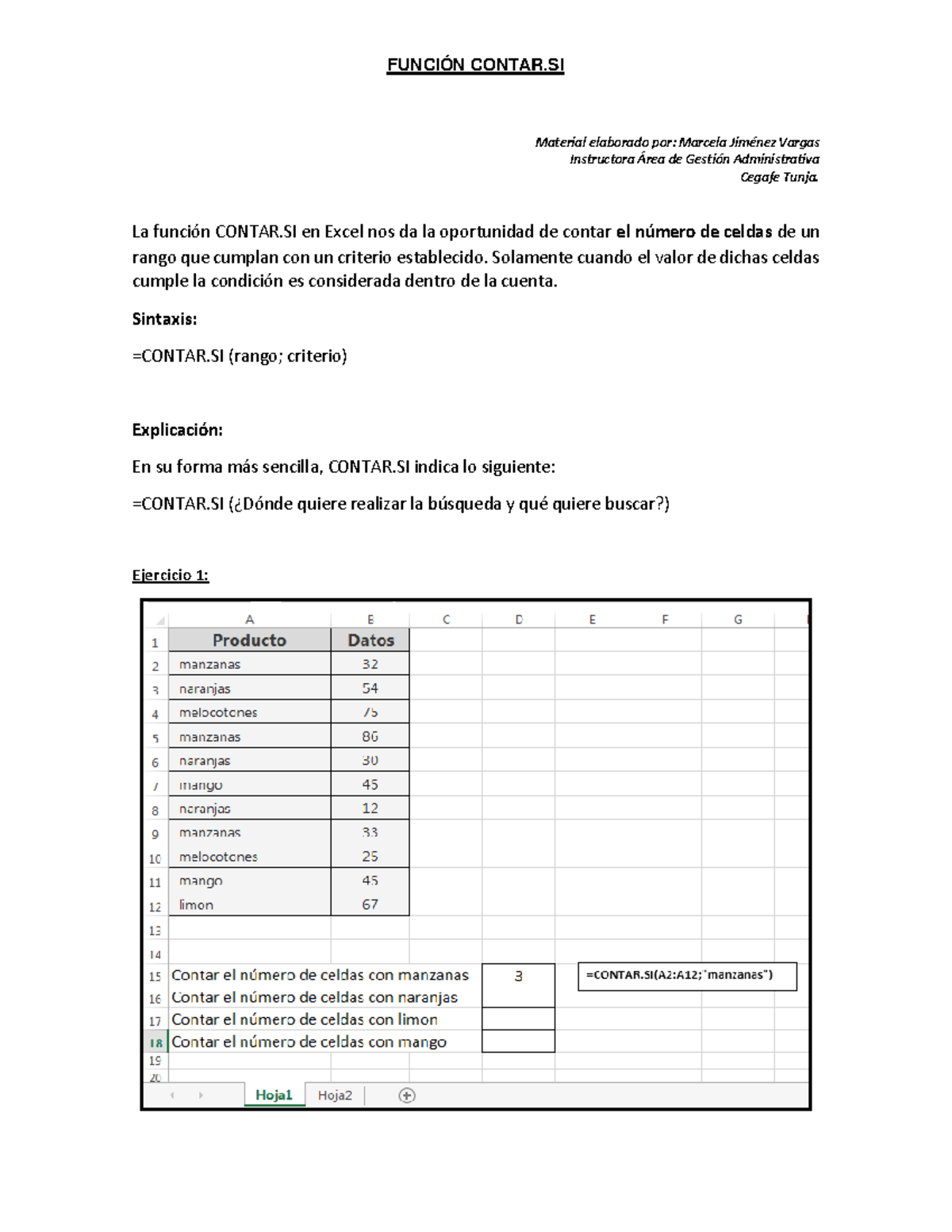4. Explicación función Contar - FUNCIÓN CONTAR Material elaborado por ...