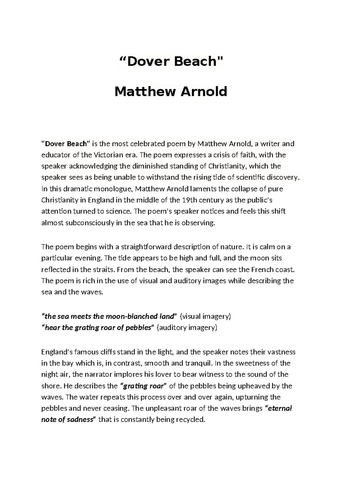Dover Beach - “Dover Beach" Matthew Arnold "Dover Beach" is the most ...
