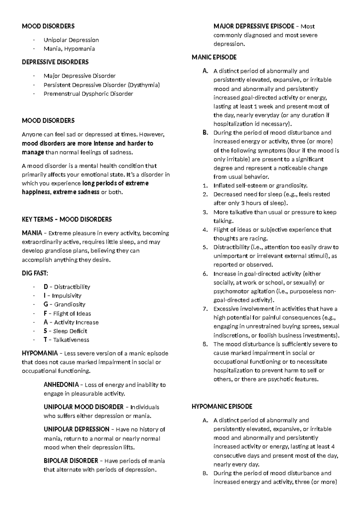 MOOD Disorders - MOOD DISORDERS Unipolar Depression Mania, Hypomania ...